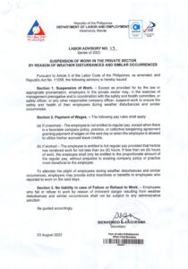 Workers not required to work on stormy days | DOLE 9